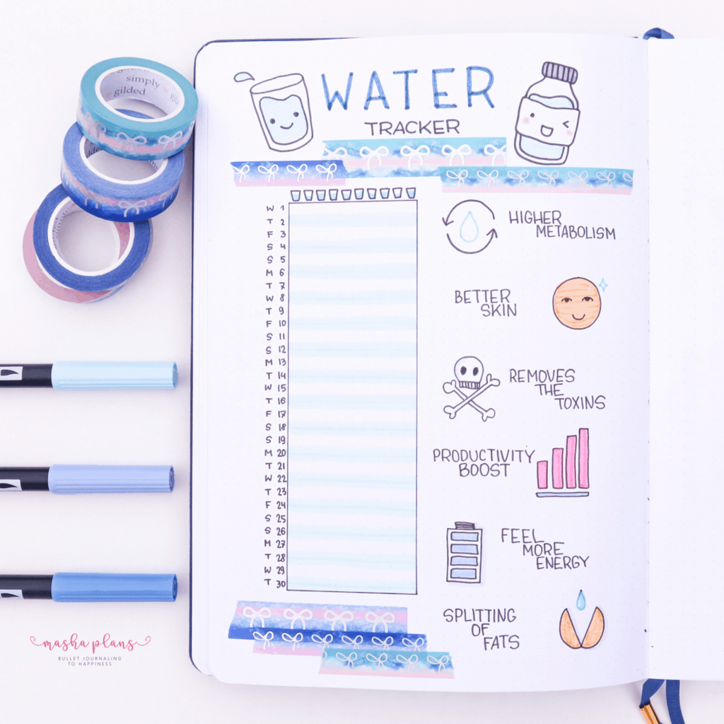 Bullet Journal Water Tracker Inspirations + Free Printable | Masha Plans