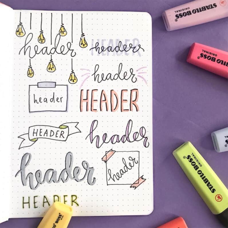 Bullet Journal Header Ideas With Highlighter | Masha Plans